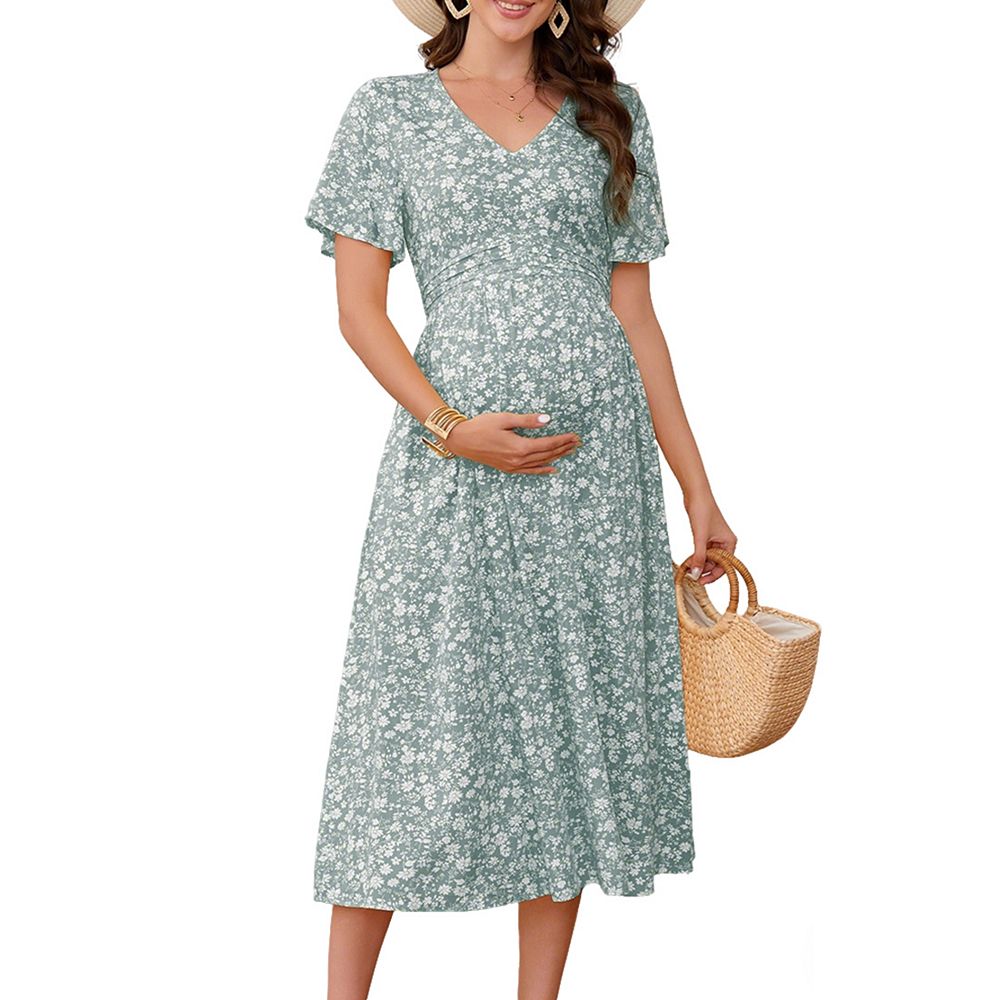 Women's Maternity Midi Dress V Neck Short Flutter Sleeves Floral ...