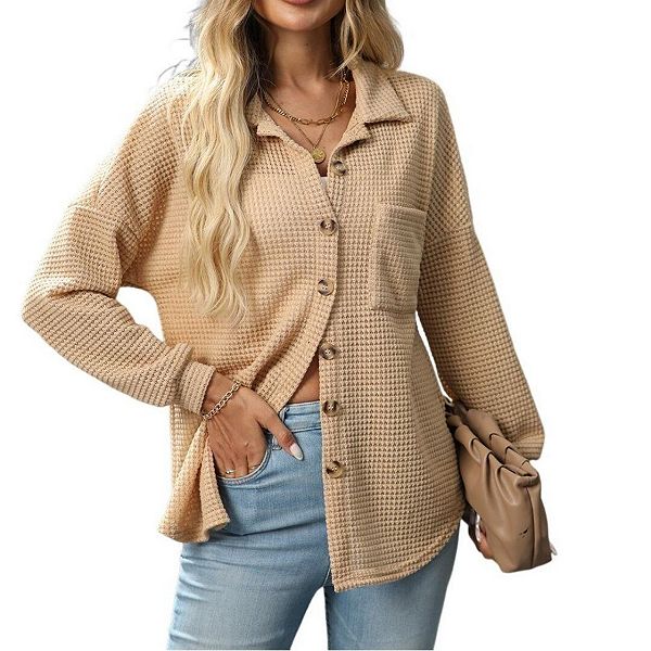 Womens Waffle Knit Shacket Jacket Casual Long Sleeve Button Down Shirts ...