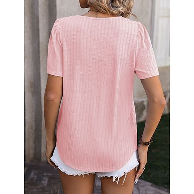 Women Casual Tops Fashion Square Neck Short Sleeve T Shirts Solid Color ...
