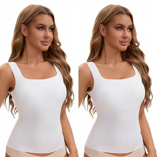 2 Packs Women's U Back Tanks with Built-In Bra Silky No Show Basic Tops