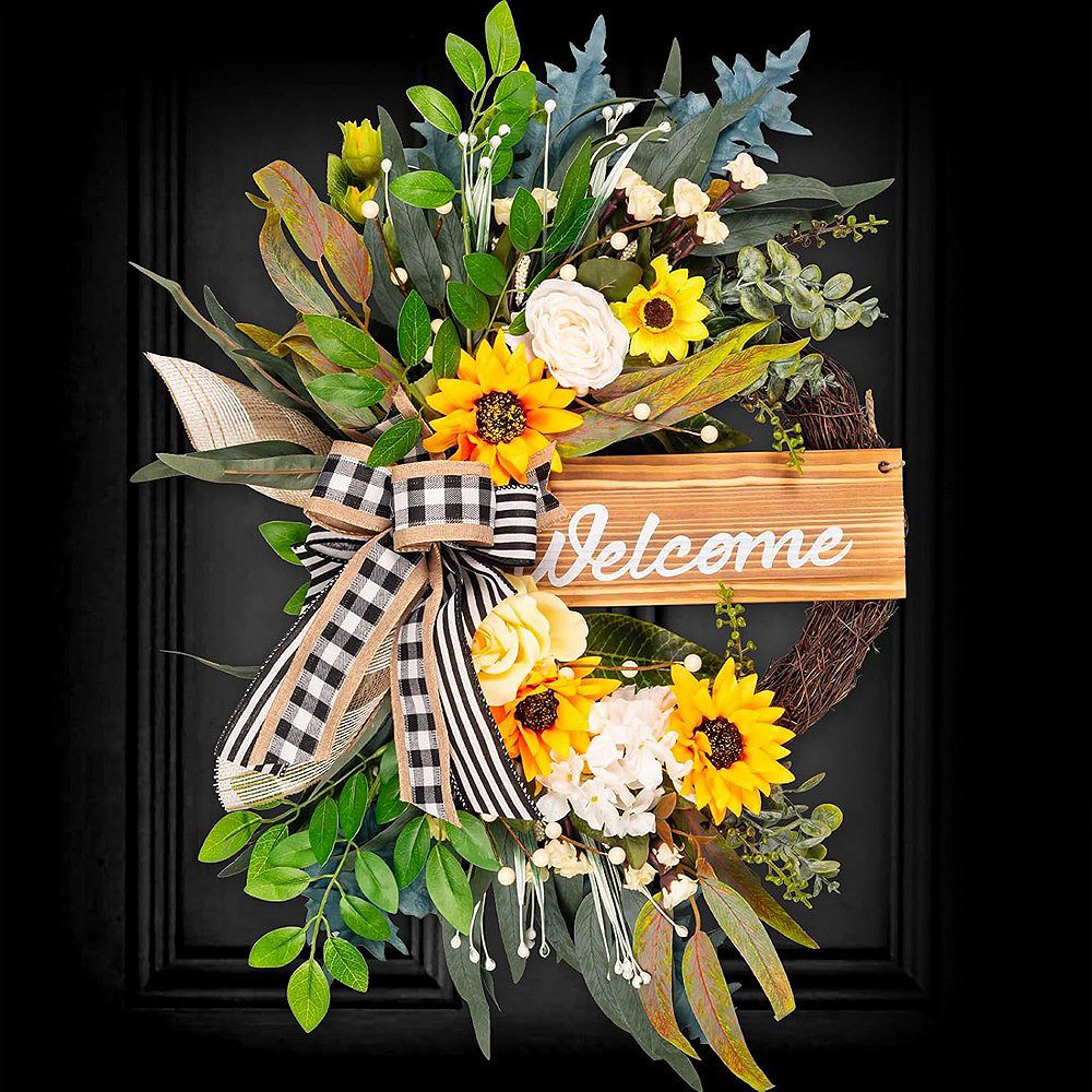 22" Sunflower Welcome Sign Wreath for Front Door, Porch, Wall & Window