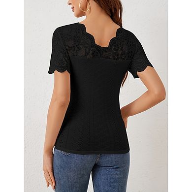 Women's Casual Lace Trimmed Top Slim Fit Sheer Mesh V-Neck Short Sleeve ...