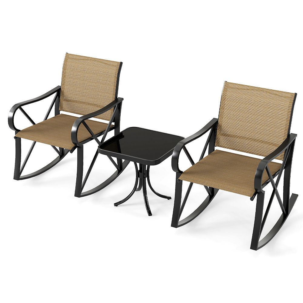 3 Piece Patio Rocking Bistro Set with Glass Side Table
