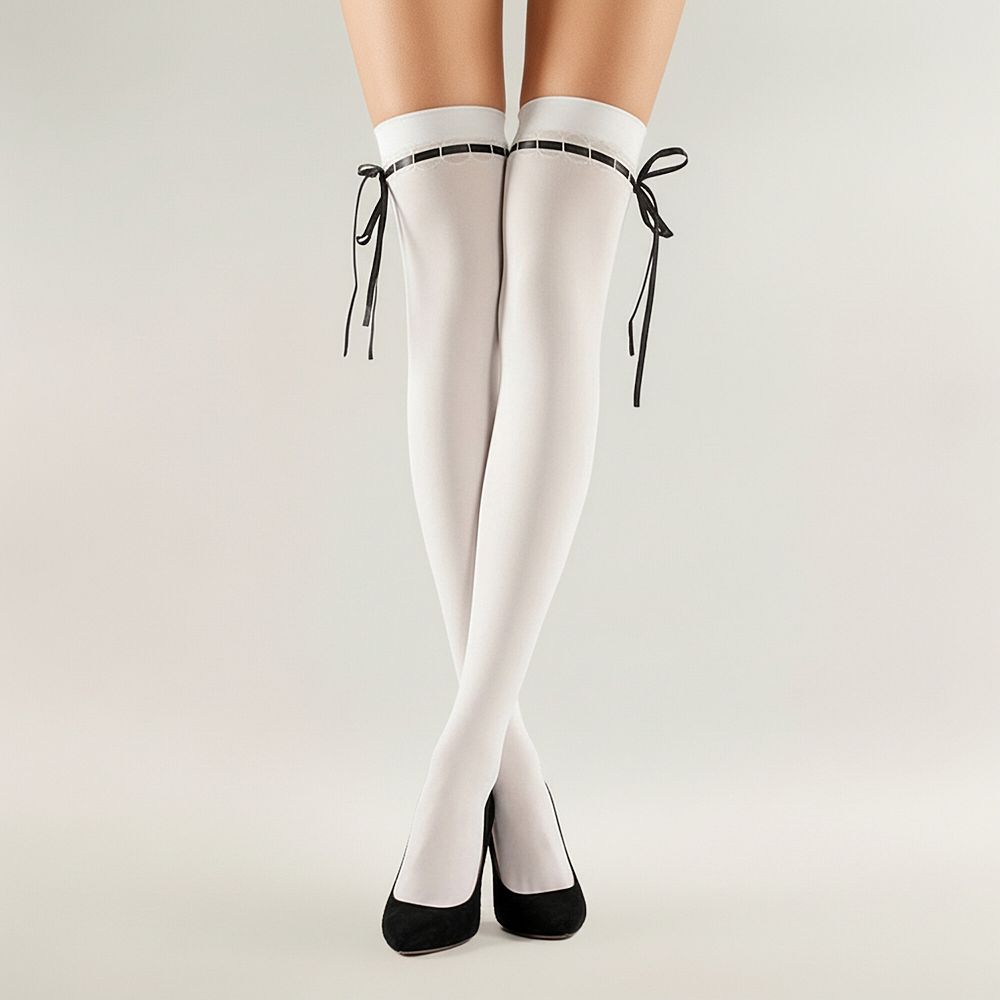 3-PC Women's Thigh High Stockings with Ribbon Tie Detail Stretch Knit ...