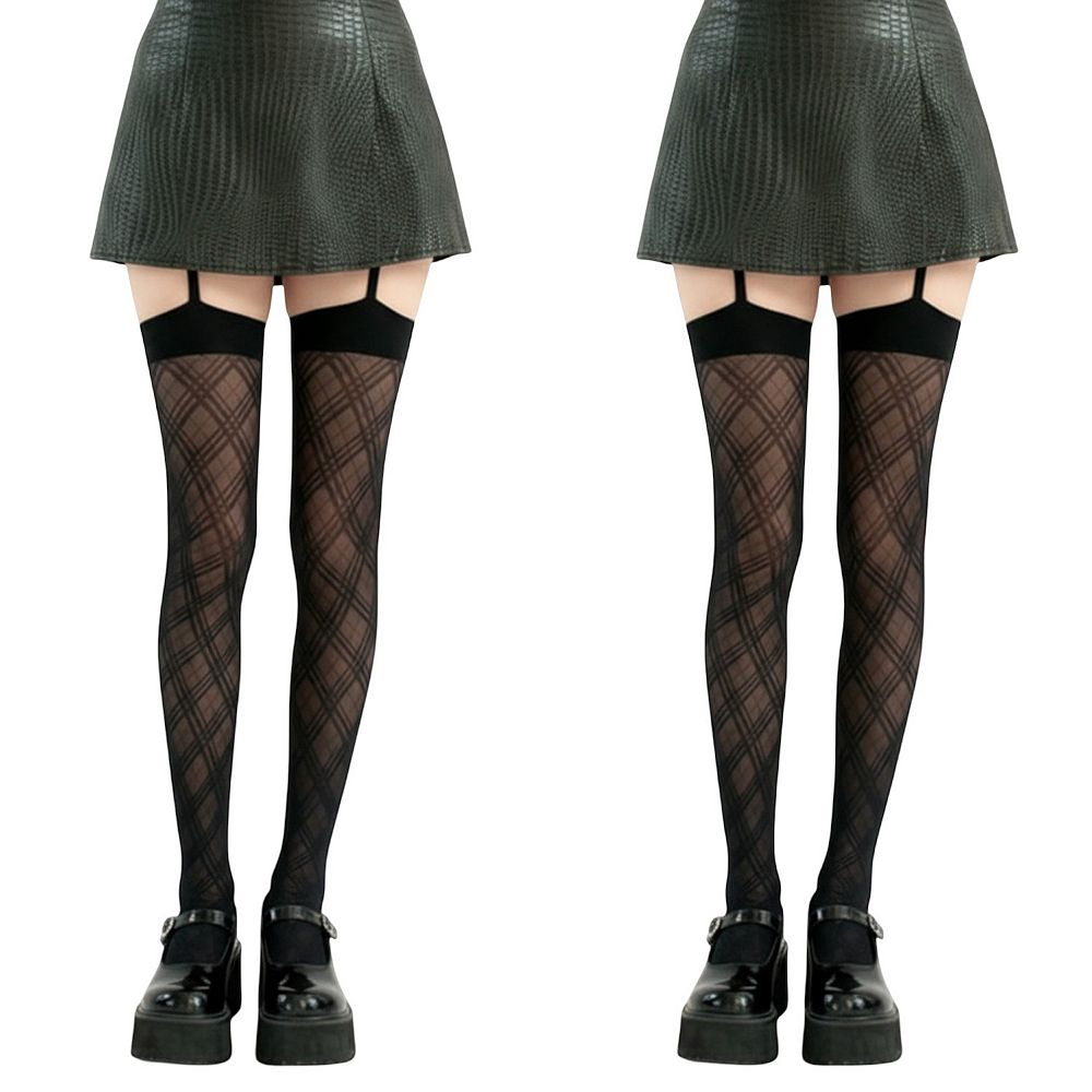 2pcs Women's Sheer Plaid Pattern Thigh High Tights with Elastic Band ...