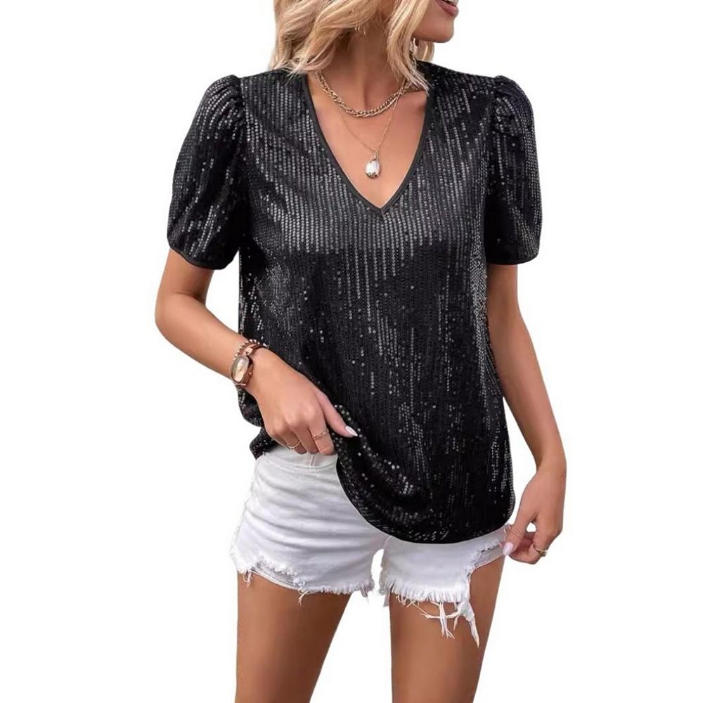Women's Sequin Tops Short Sleeve Shimmer Glitter Top V Neck Sparkly ...
