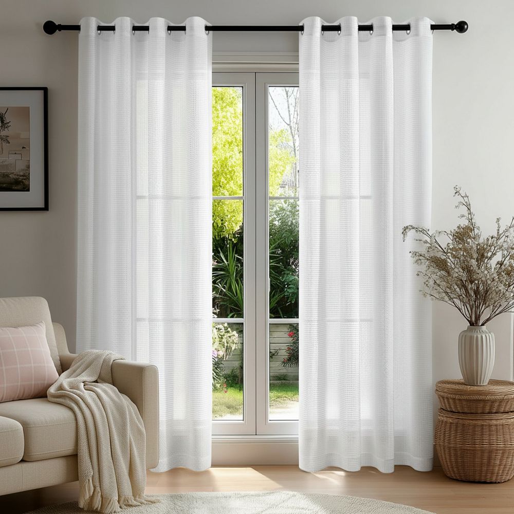 White Textured Voile Sheer Curtains with Grommets - 52x84 Inches