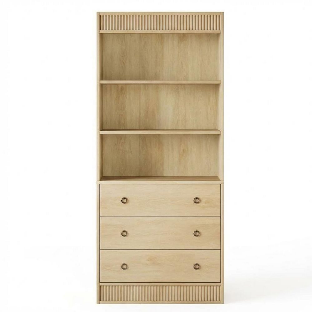 Bookshelf with Drawers Fluted Bookcase,6 Tier Light Wood Tall Bookshelf ...