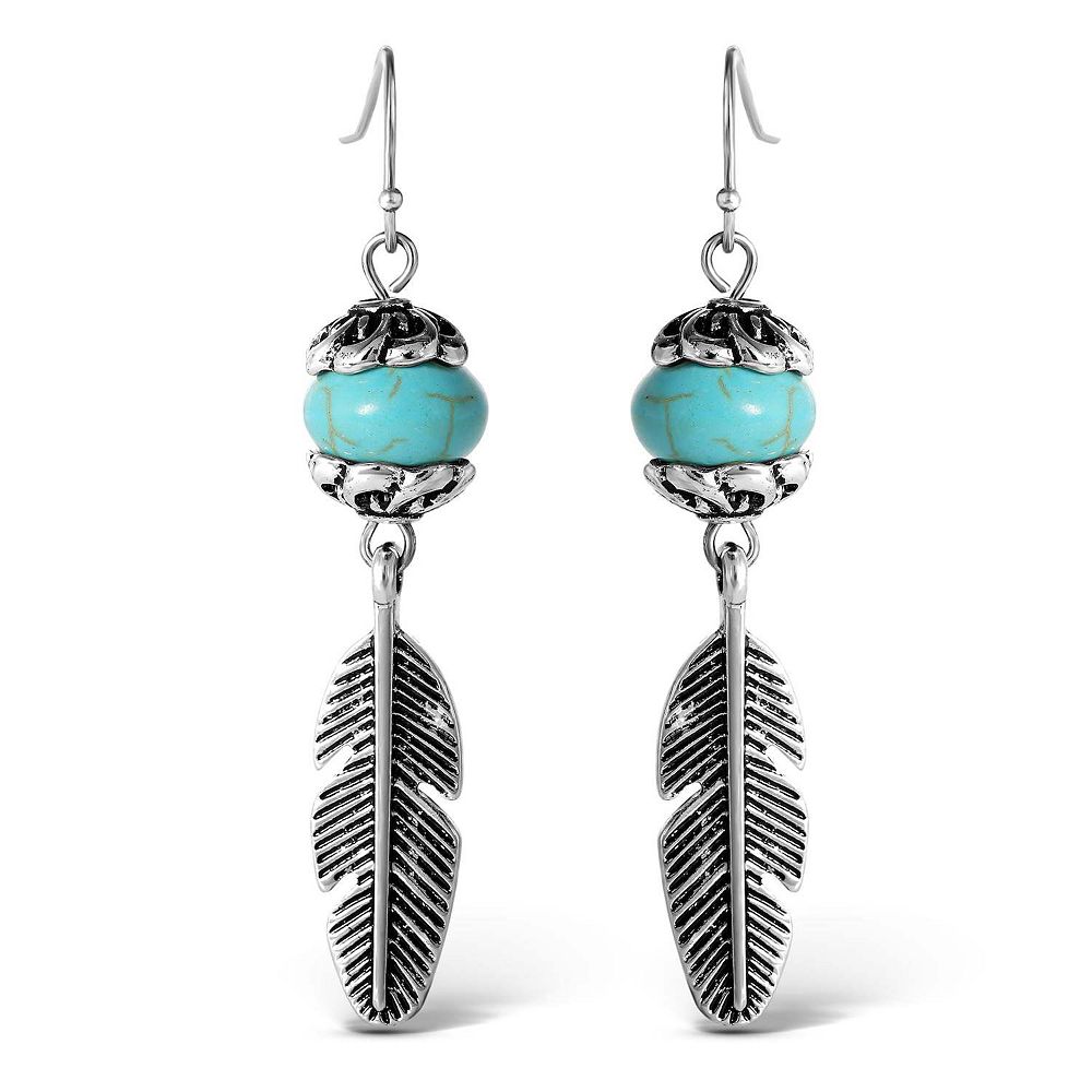 JS Jessica Simpson Turquoise Bead Feather Drop Earrings