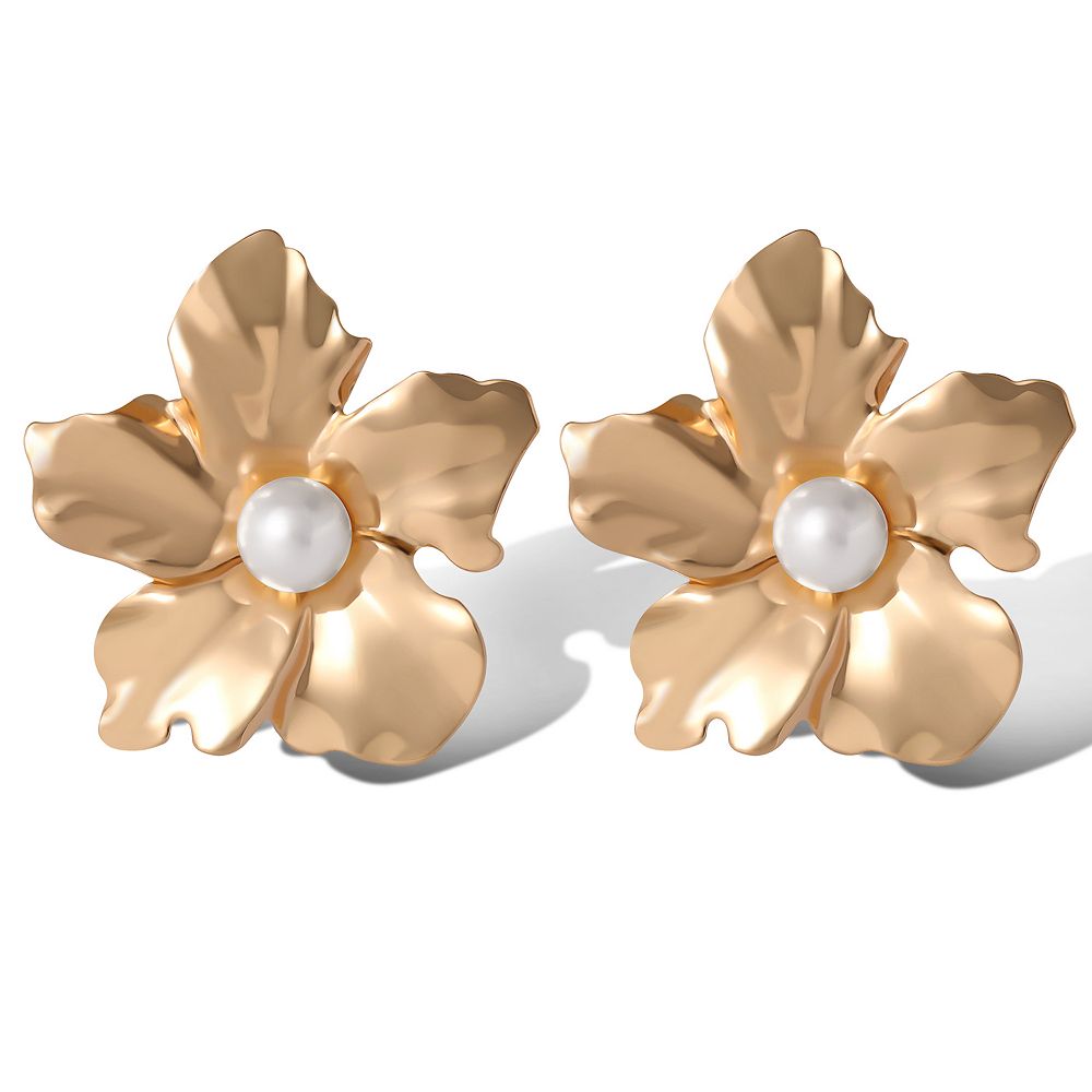 JS Jessica Simpson Statement Flower Earrings with Pearl Center in Gold-Tone