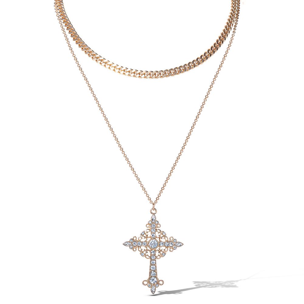 JS Jessica Simpson Gold-Tone Rhinestone Cross and Curb Chain Necklace Set