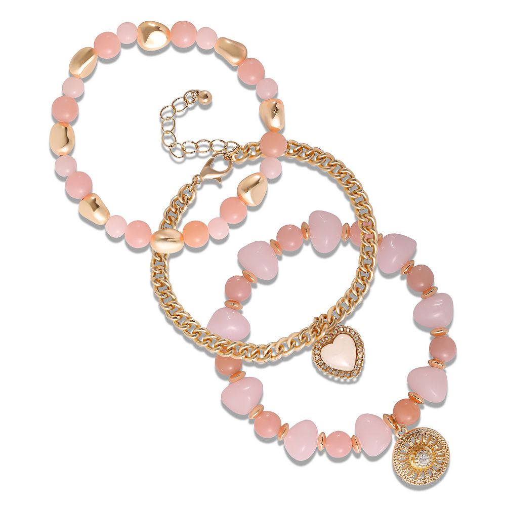 JS Jessica Simpson Set of 3 Pink and Gold-Tone Beaded Stretch Bracelets