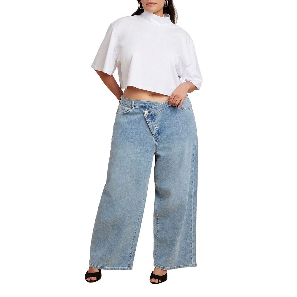 ELOQUII Women's Plus Size Overlap Waist Wide Leg Jeans