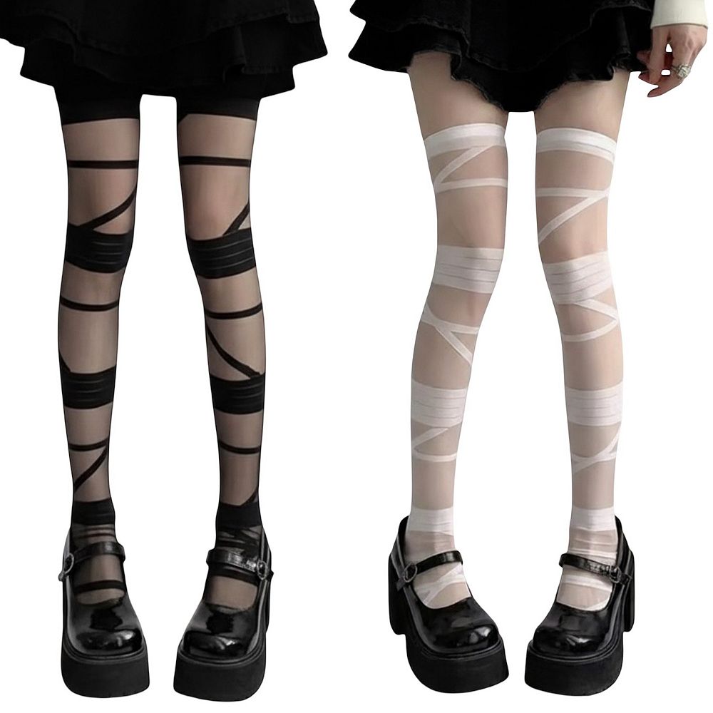 2pcs Women's Sheer Tights with Wrapped Ribbon Illusion and Gothic ...