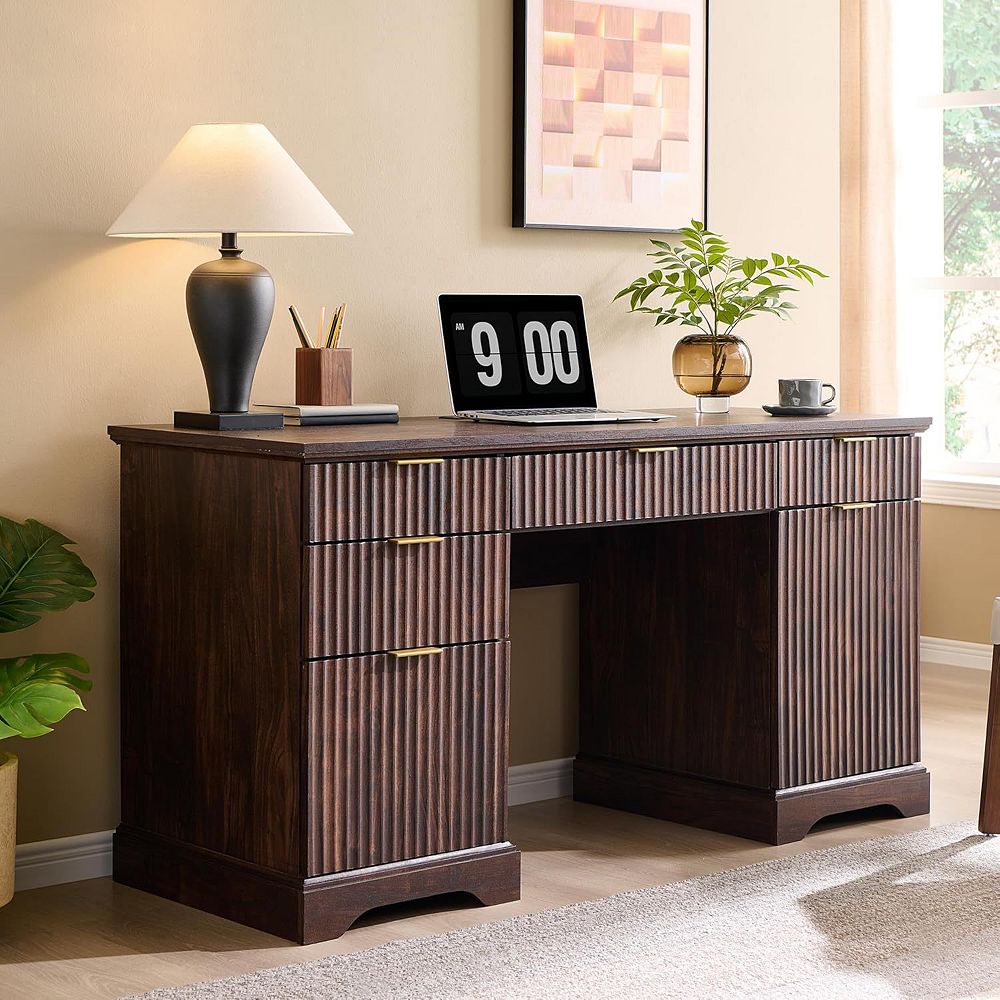 58" Desk,Modern Grooved Computer Writing Desk,w/ 5 Drawers and 1 ...