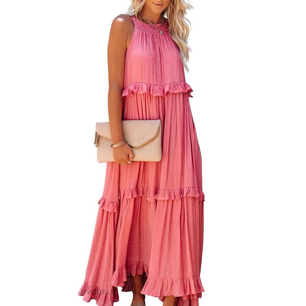Women's Sleeveless Halter Neck Layered Dress Flowing Ruffled Long Dress ...