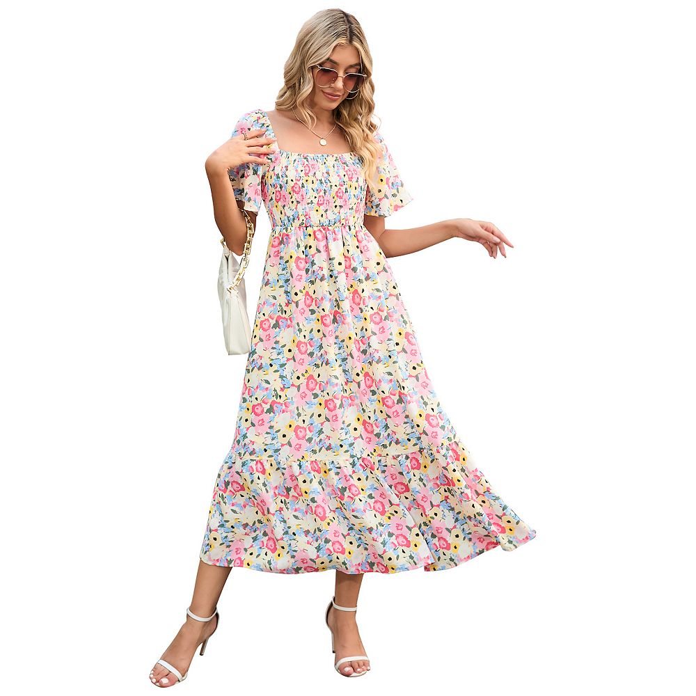 Women's Floral Short Sleeve Square Neck Boho Casual Dress