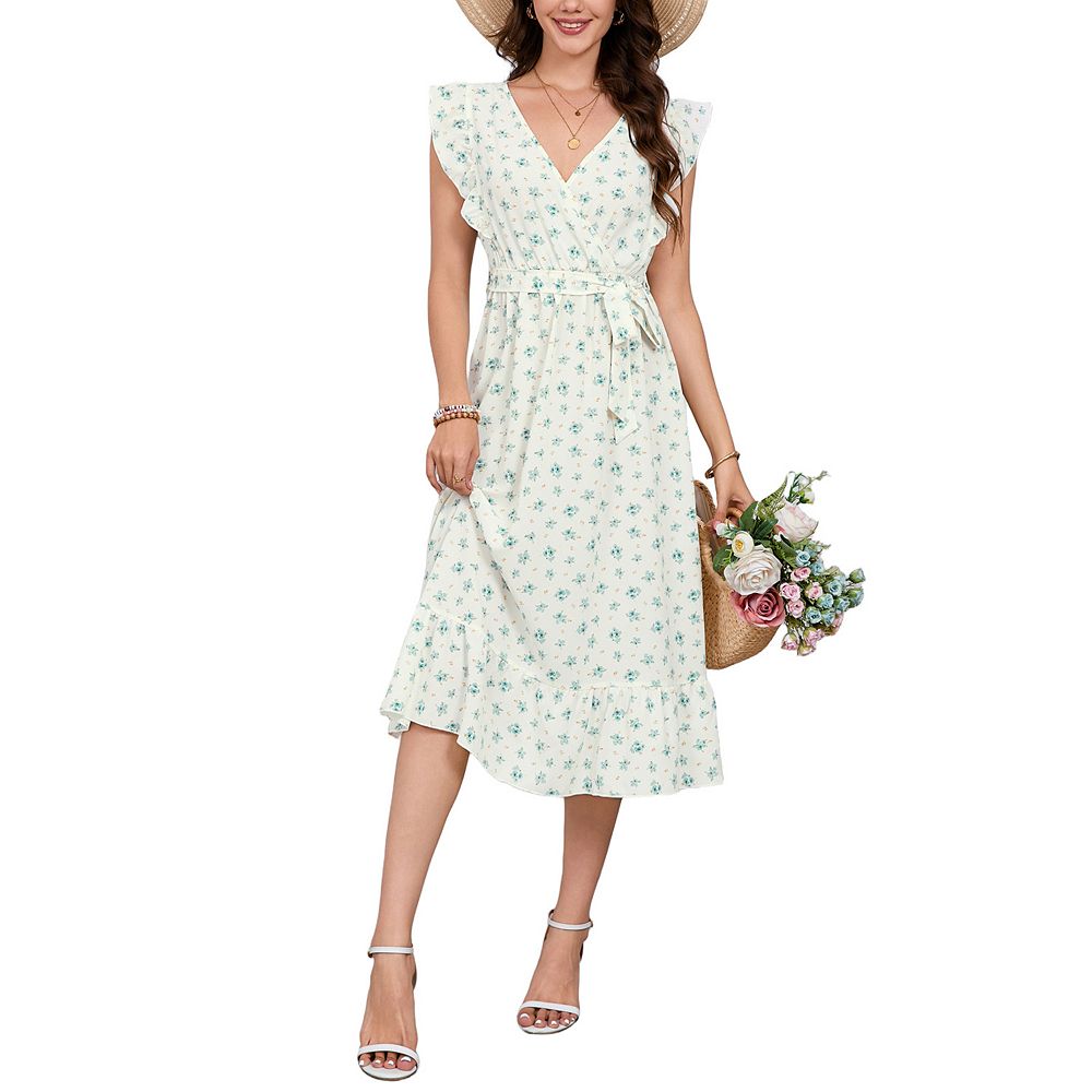 Women Summer Bohemian Floral Casual V Neck Sleeveless Belt A-Line ...