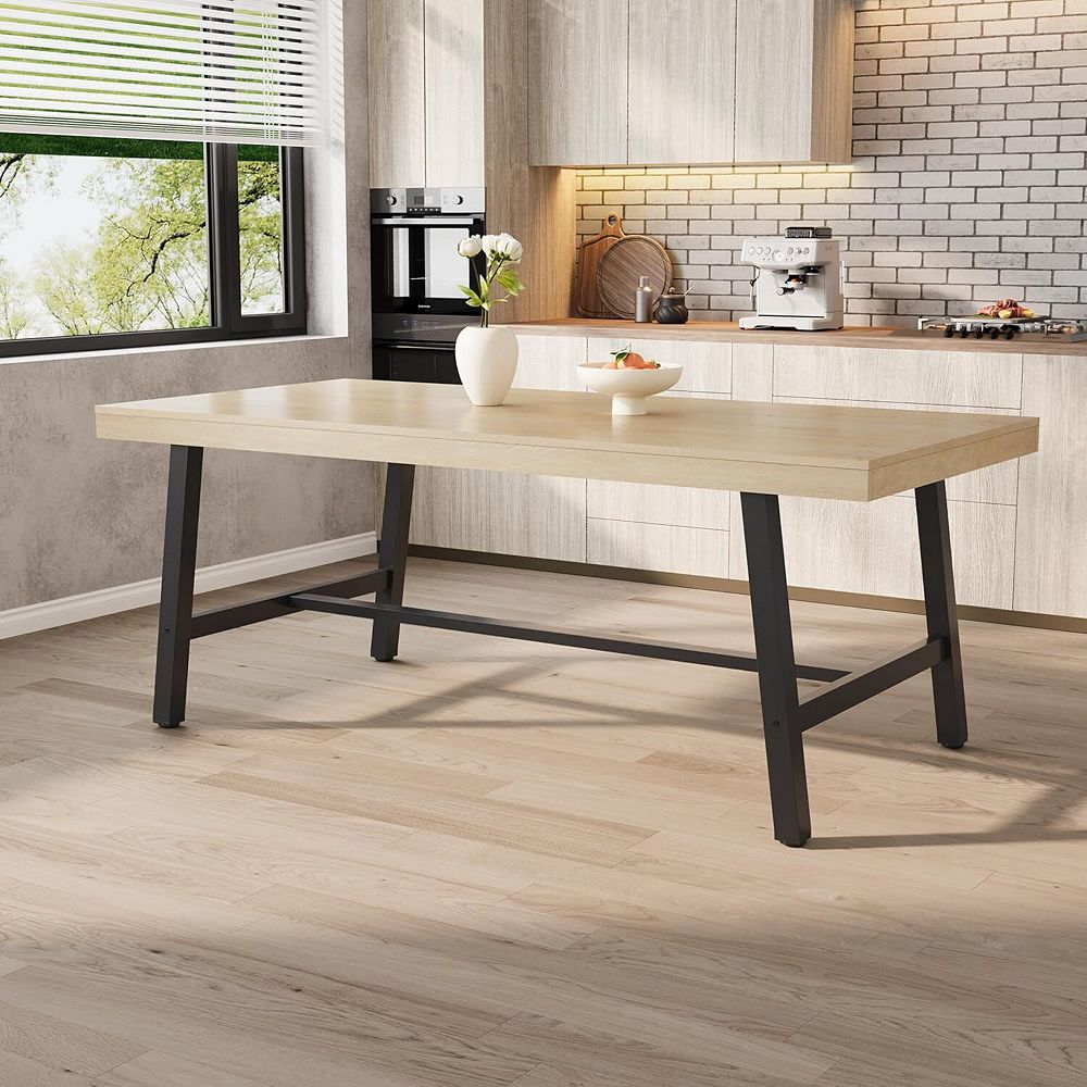 Industrial Farmhouse Dining Table for 6-8, Rustic Wood Top Black Metal ...