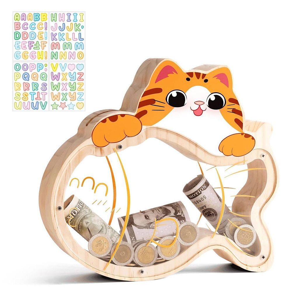 Wooden animal Piggy Bank with Stickers: Perfect for Kids, DIY Fun ...