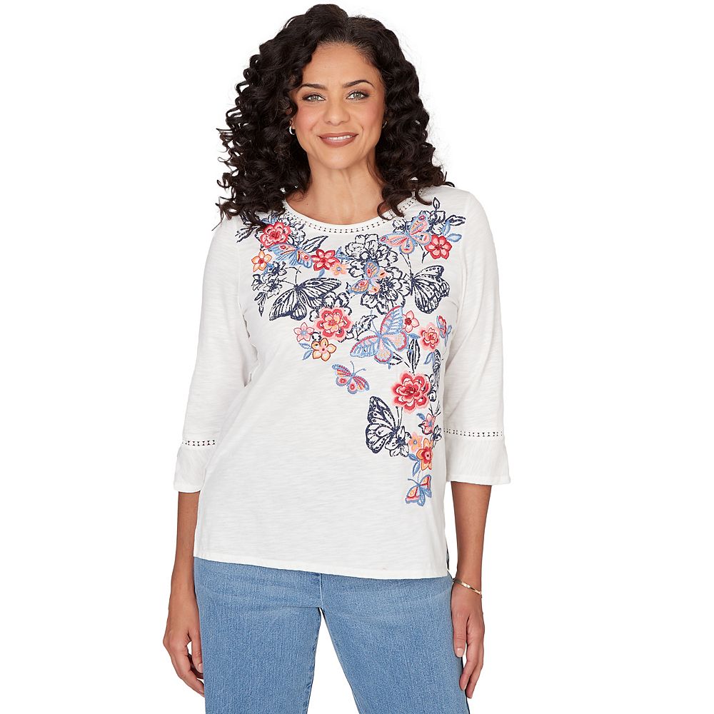Petite Alfred Dunner Embroidered Butterfly Crew Neck Knit Top