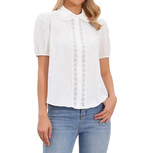 Short Sleeve Cotton Blouse for Women's Peter Pan Collar Button Up ...