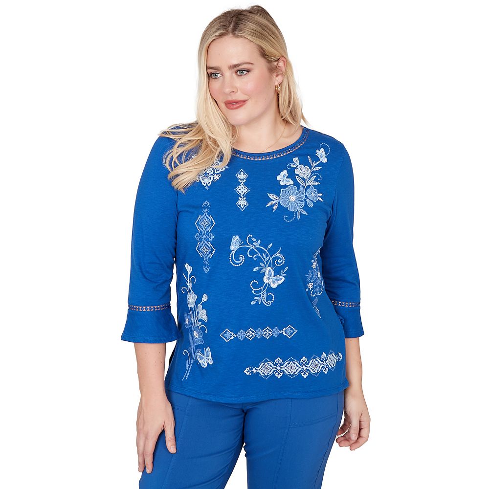 Petite Alfred Dunner Placed Floral Medallion Embroidered Top
