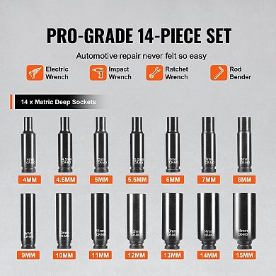 Drive Metric Impact Socket Set, 14-Piece Deep Sockets with Organizer