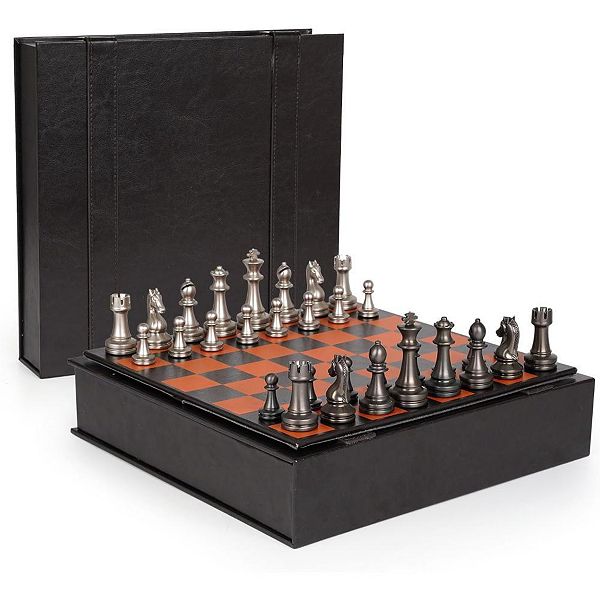 12-Inch Metal Chess Set with Leather Folding Board