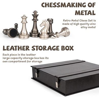 12-Inch Metal Chess Set with Leather Folding Board