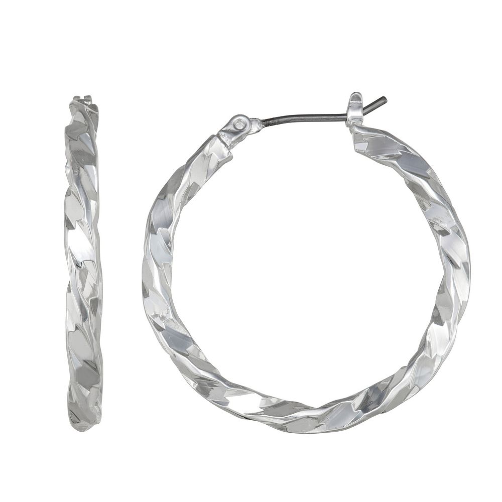 Nine West Silver Tone Texture Hoop Click-It Earrings