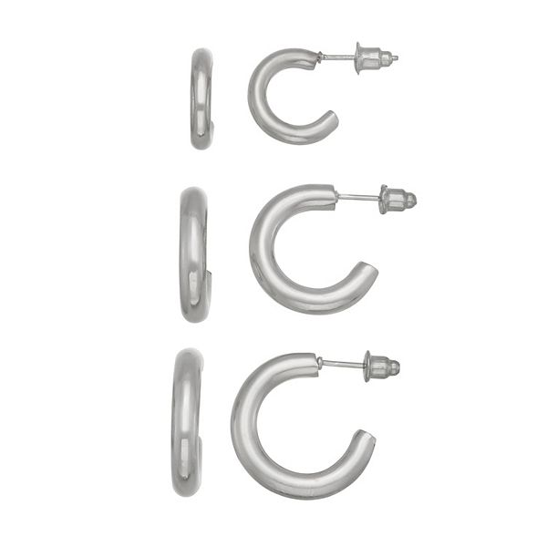 SO® 3-Pair Silver Tone Hoop Earring Set