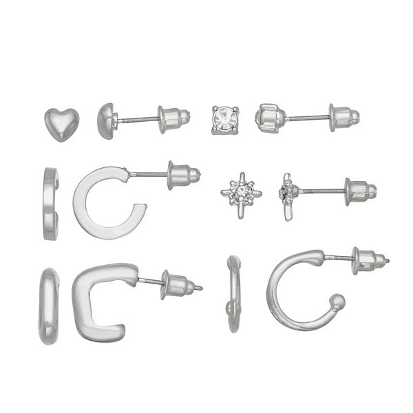 SO® 6-Pair Silver Tone Stud & Hoop Earring Set