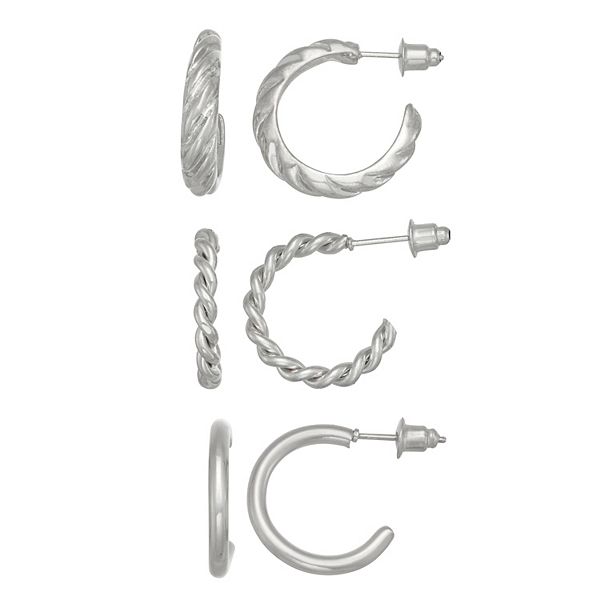 SO® 3-Pair Silver Tone Hoop Earring Set