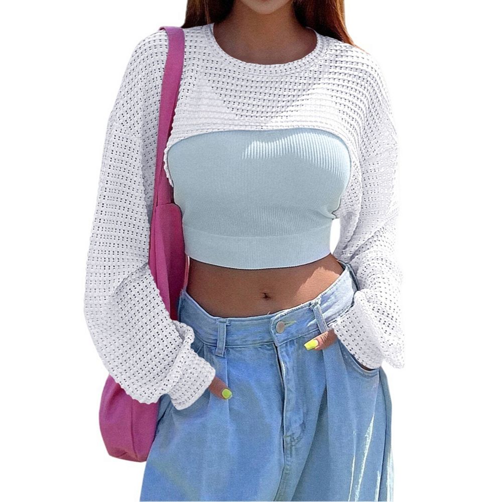 Women's Round Neck Long Sleeve Pullover Hollow Top Knitted Long Sleeve ...