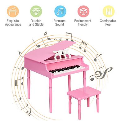 30 Key Wood Toy Kids Grand Piano with Bench Music Rack Pink