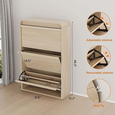 Shoe Cabinet with 3 Flip Drawers Slim Wooden Shoe Storage with ...