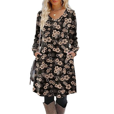 Zeagoo Fall A Line Dress for Women Long Sleeve Casual Dresses V Neck ...