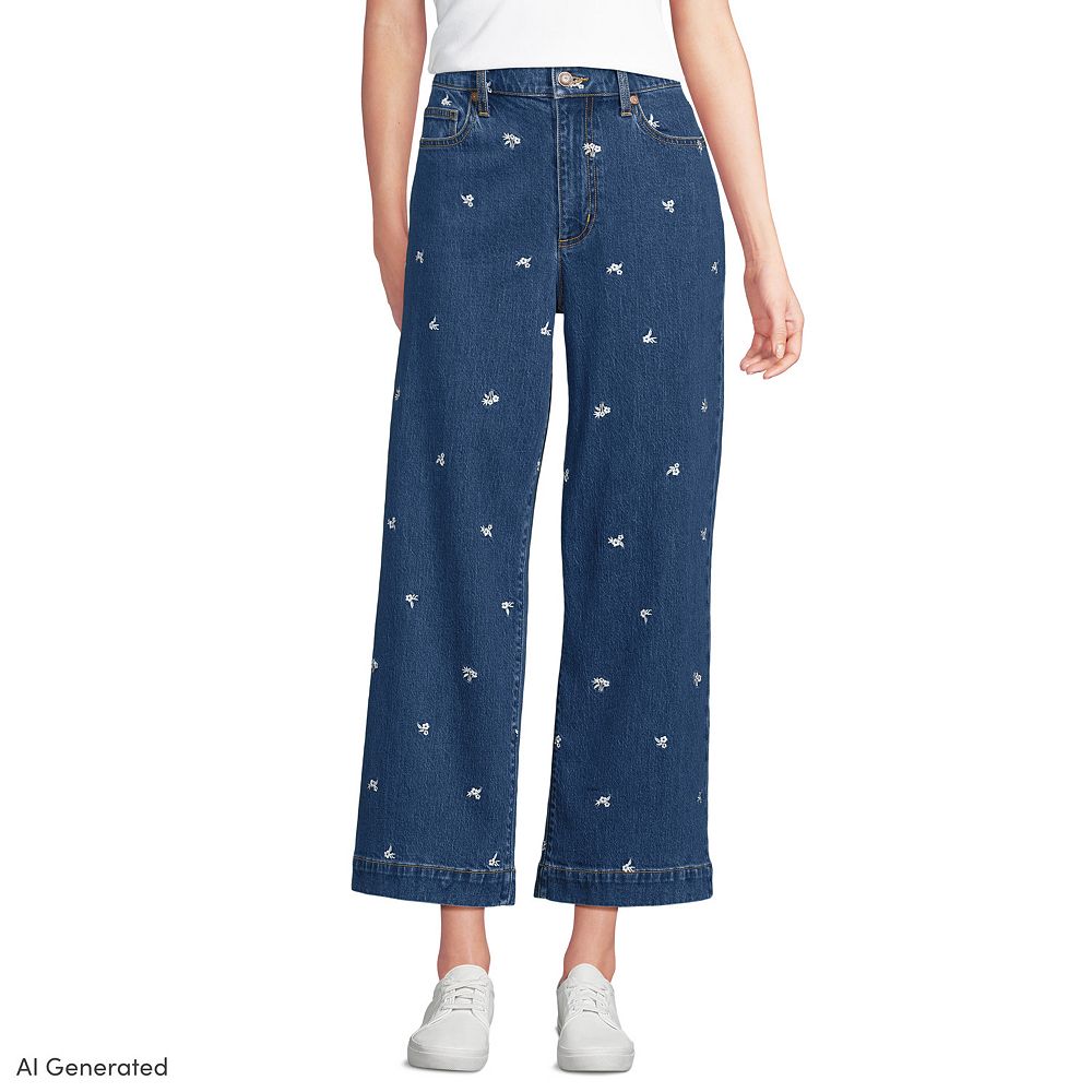 Petite Lands' End Soft Denim Embroidered Wide Leg Crop Jeans