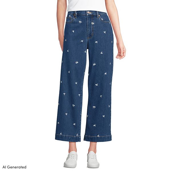 Petite Lands' End Soft Denim Embroidered Wide Leg Crop Jeans