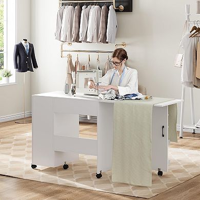 Folding Sewing Machine Table with Storage Shelves and Sliding Drawer ...