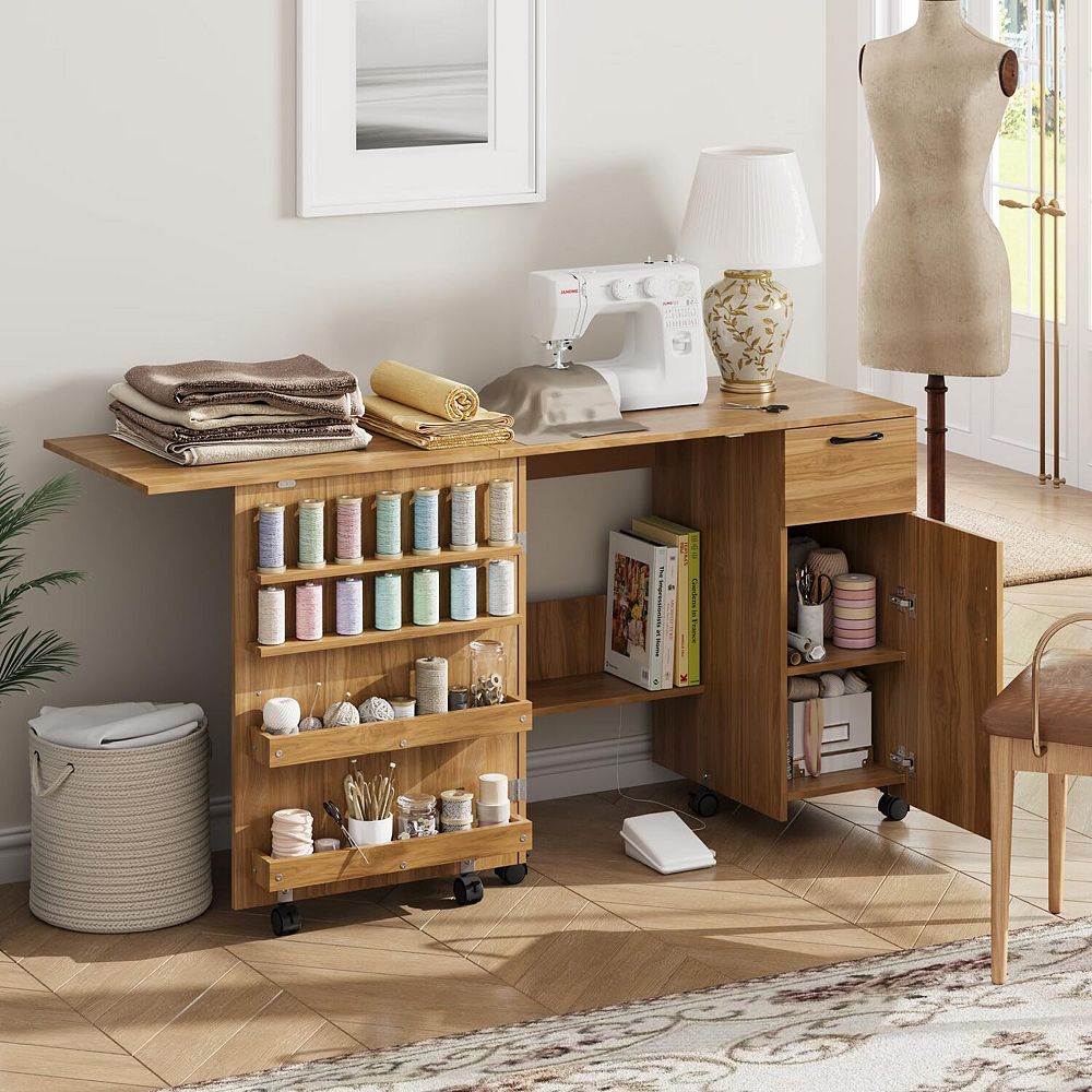 Folding Sewing Machine Table with Storage Shelves and Sliding Drawer ...