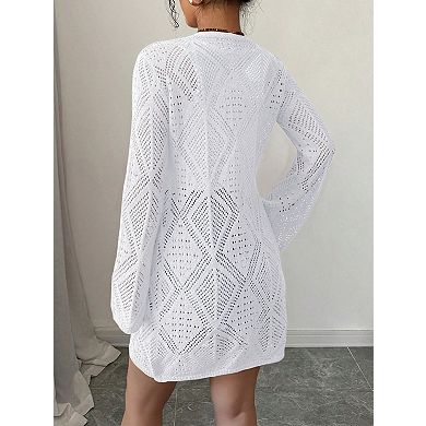 Women's Crochet Sheer Mesh Beach Cover-Up Open Front Loose Knit ...
