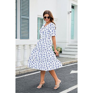 Zeagoo Floral Midi A-Line Dress Women's Boho V-Neck Spring Summer Dress ...