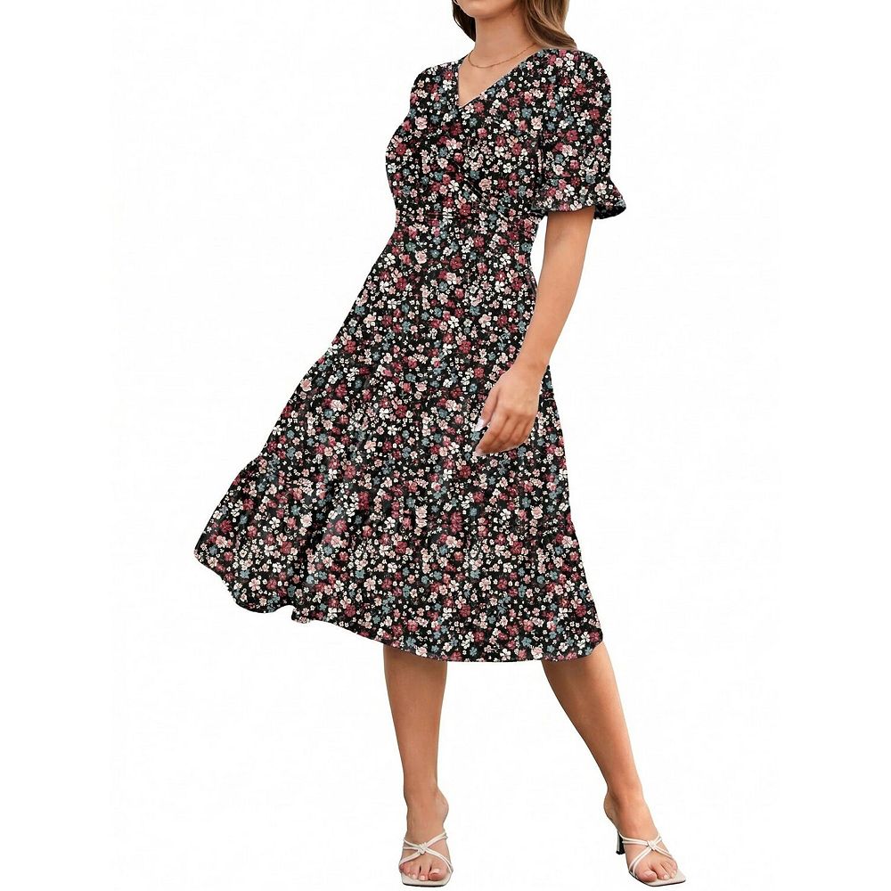 Zeagoo Floral Midi A-Line Dress Women's Boho V-Neck Spring Summer Dress ...