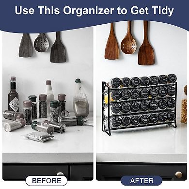 4-Tier Spice Rack with 28 Clear Jars, Funnel, Labels for Kitchen