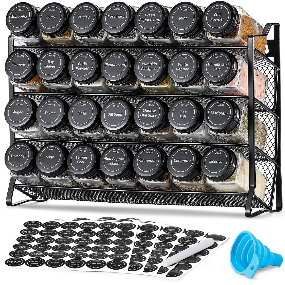 4-Tier Spice Rack with 28 Clear Jars, Funnel, Labels for Kitchen
