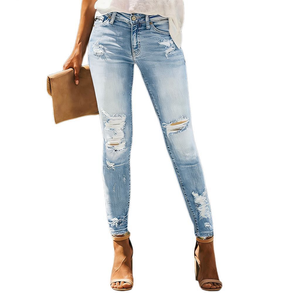 Womens High Rise Skinny Stretch Ripped Jeans High Waist Destroyed Denim ...