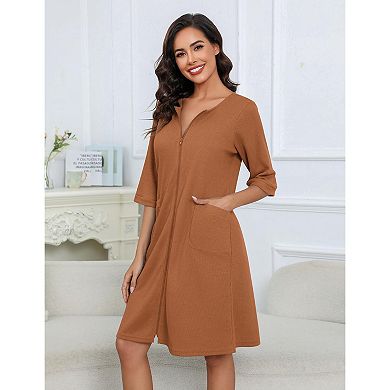 Ekouaer Zip Up Robes for Women Short Waffle Bathrobe Lightweight Knee ...