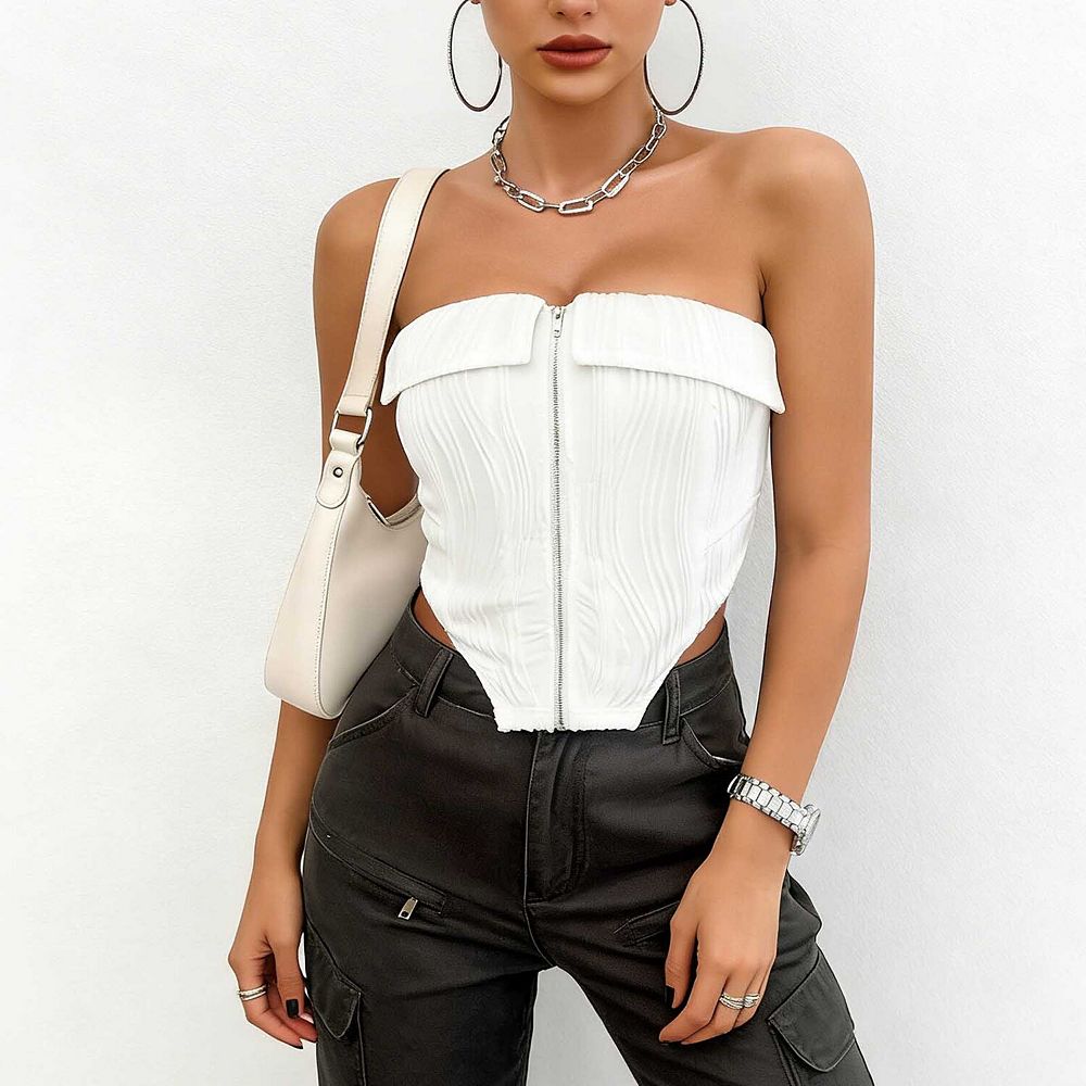 Women's Fitted Strapless Zip Front Crop Top, Textured Curved Hem Casual ...